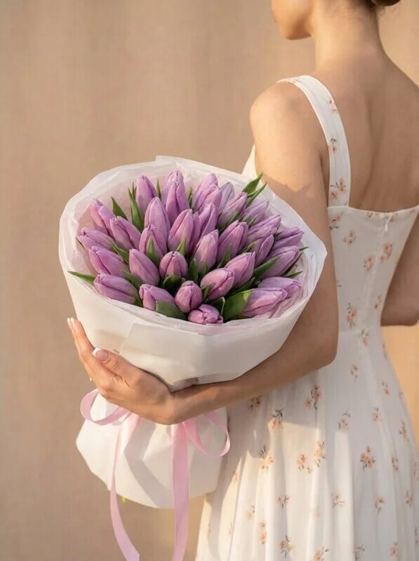 Букет из лавандовых тюльпанов — Нежный букет из лавандовых тюльпанов, 27 шт