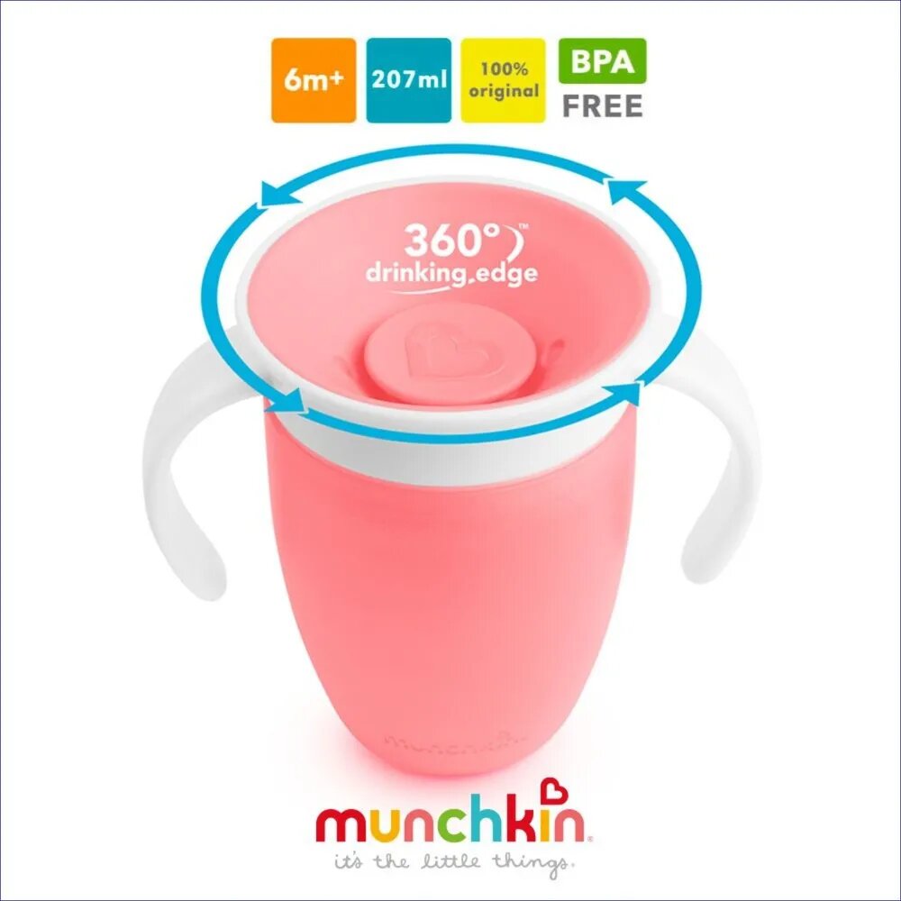 Поильник Munchkin MIRACLE 360 - непроливайка для детей, 6м+, 207ml, розовый
