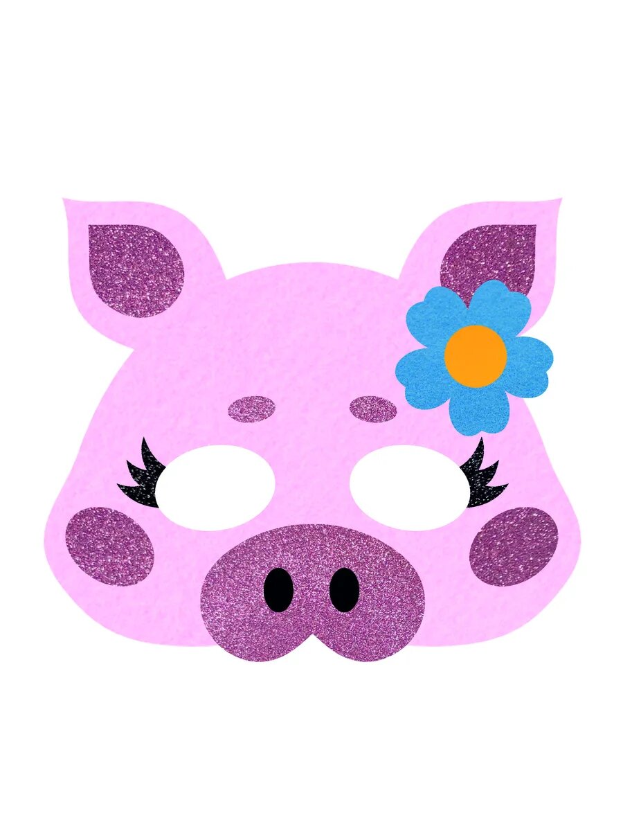 Маска "Свинка девочка с цветочком ", новогодняя, фетровая, с аппликацией, розовая, 17 см х 21 см