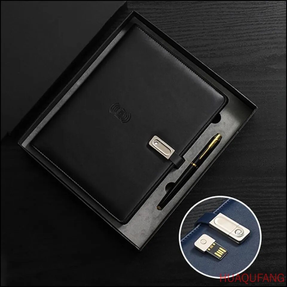 Ежедневник с беспроводной зарядкой, флешкой на 16 ГБ и держателем для ручки, черный