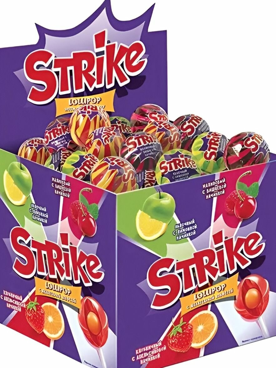 Strike, карамель на палочке с жевательной конфетой, 11,3 г (упаковка 50 шт) Трио фруктово-ягодных вкусов