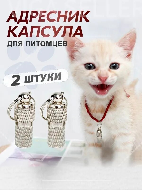 Адресник "Капсула", для кошек и собак, серебристый, металлический сплав