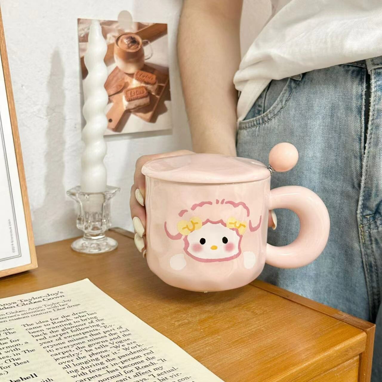 Керамическая кружка с крышкой, ложкой, дорогой стаканчик, сувенир-розовый ягненок, 400 мл