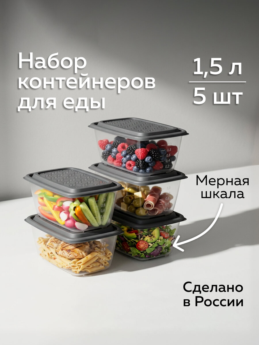 Набор контейнеров «Гурман», Альт-Пласт, графит, 1,5лх8 (5шт)