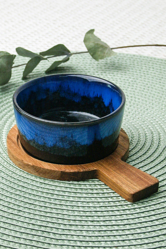 Сервировочный набор онелли, керамика, дерево, чёрно-синий, чаша 9 см, подставка 16х10 см, 2 предмета, Koopman International 278000730-2