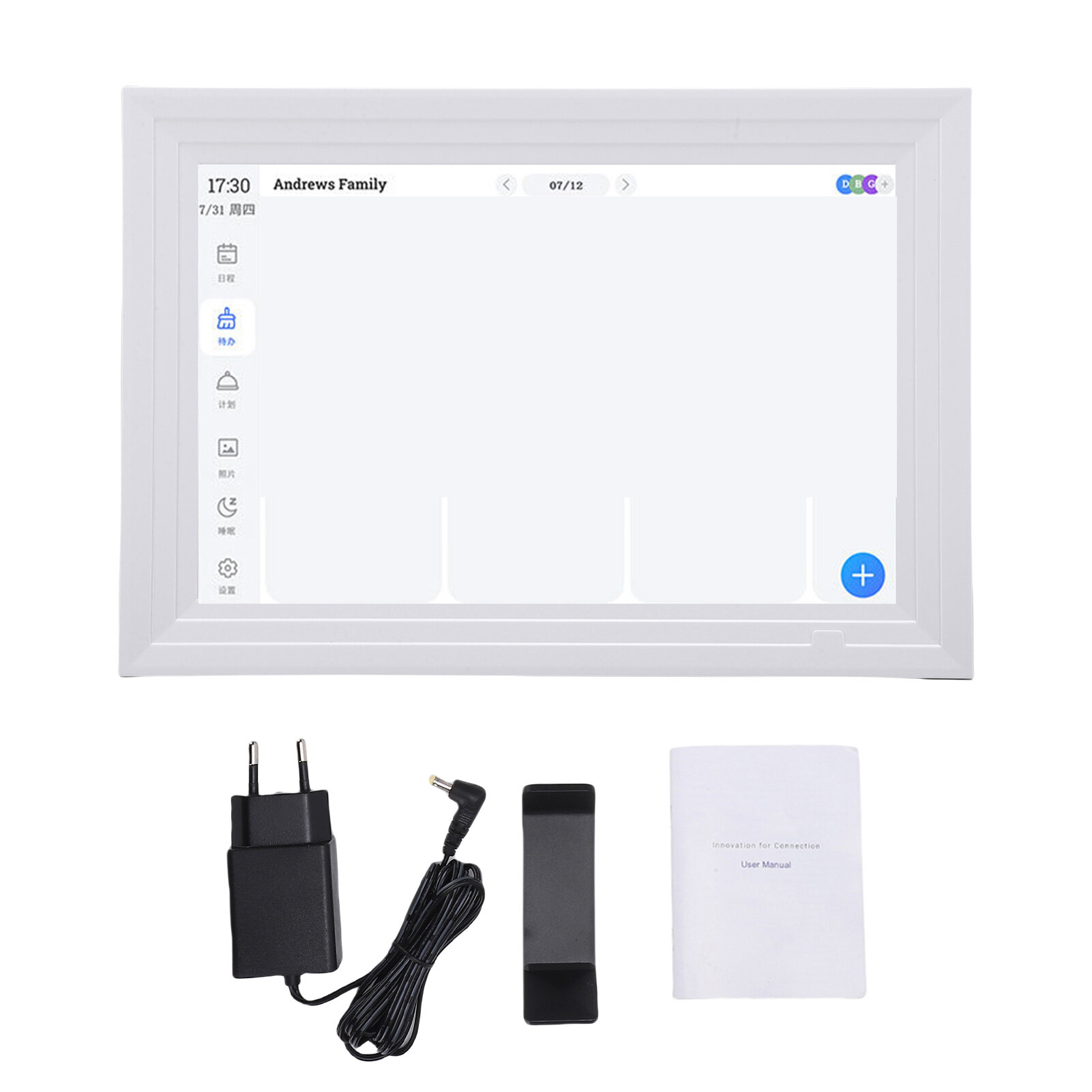 Цифровой календарь-планер, расписание домашних обязанностей, 10,1-дюймовый IPS-экран с полным обзором, интерактивное управление через приложение для семейного использования, настенное и настольное крепление, удобное планирование, умный дизайн, белый цвет.