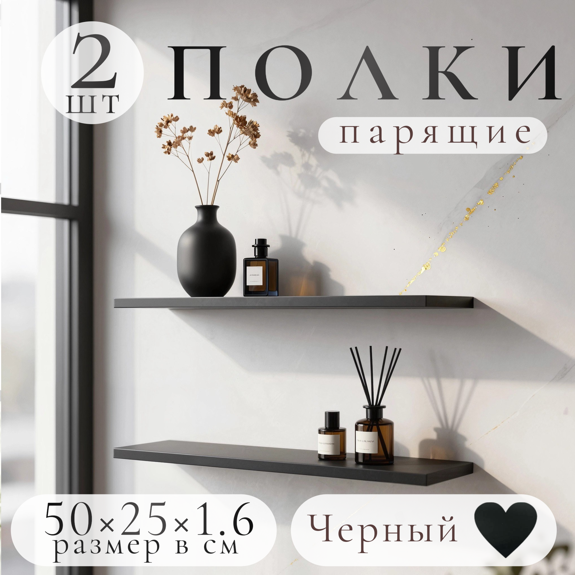 Полка настенная навесная черная 50*25 2шт