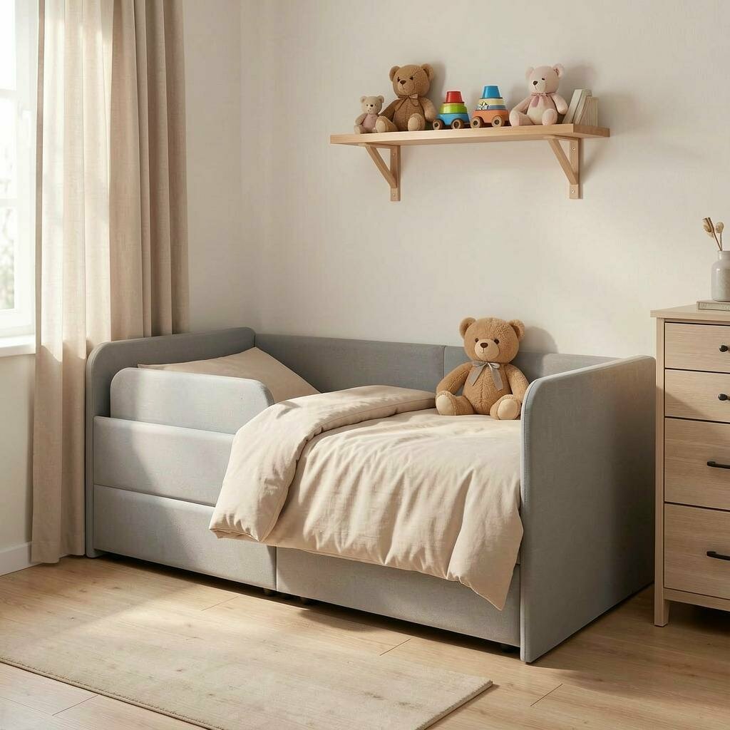 Кровать детская М-Стиль "Смайл" серая с защитным бортиком и ящиками для хранения 140х70 см