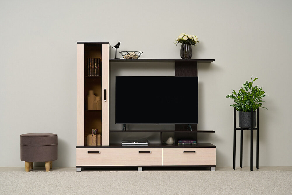 Гостиная центральная секция стенка, 1 ящик, ниша под ТВ 120х80 см, Соло-6, 156.2х144.6х36.5 см, ЛДСП, Венге / Дуб Лоредо