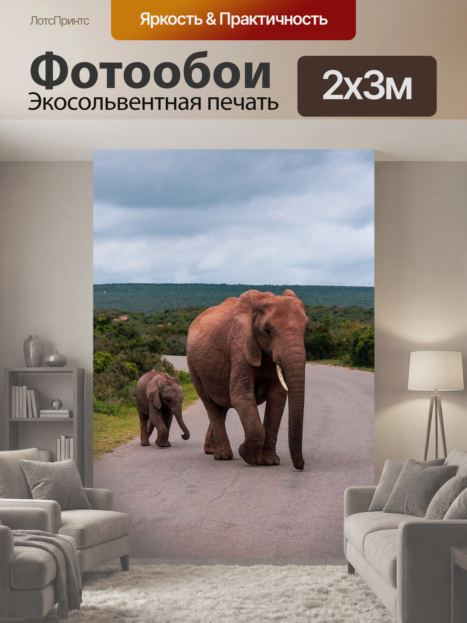 Фотообои "Слоны, южная африка, природа" 200x300 см. экосольвентная печать