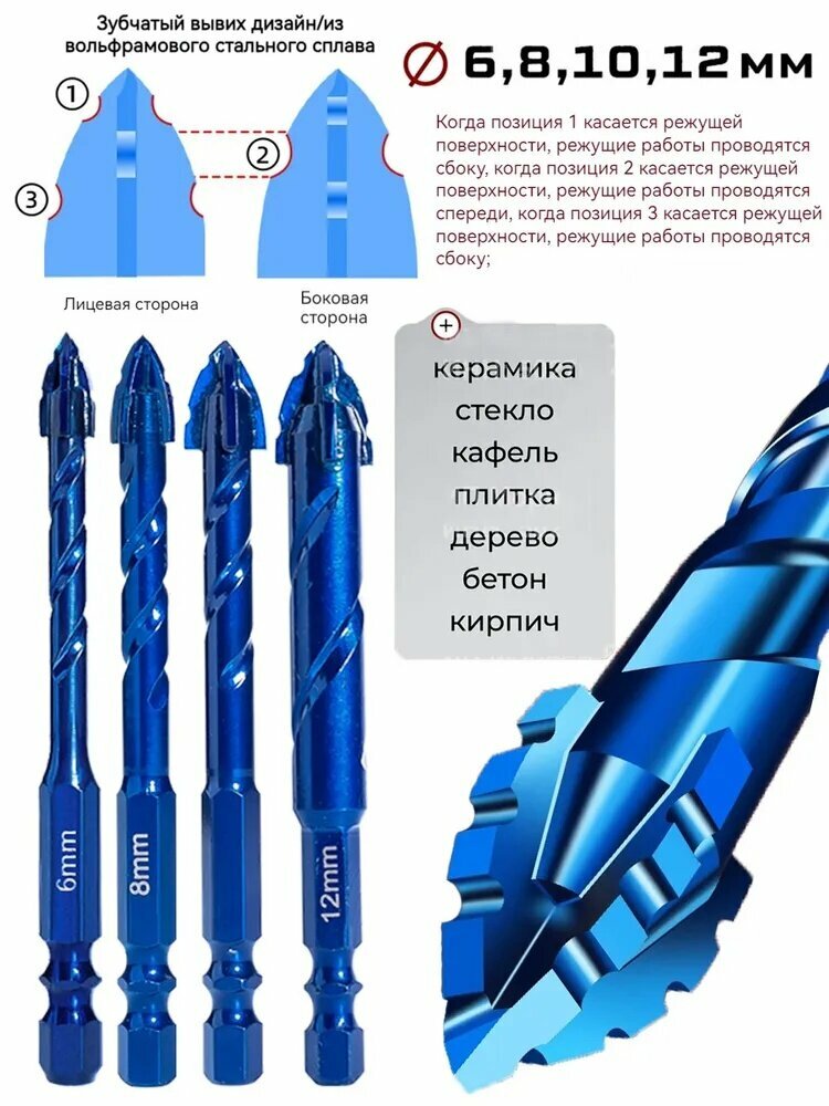 Набор алмазных эксцентриковых свёрл 6/8/10/12 мм для стекла, плитки, керамики, 4 предметов. Треугольное сверло, высокая точность, Вольфрамовая сталь