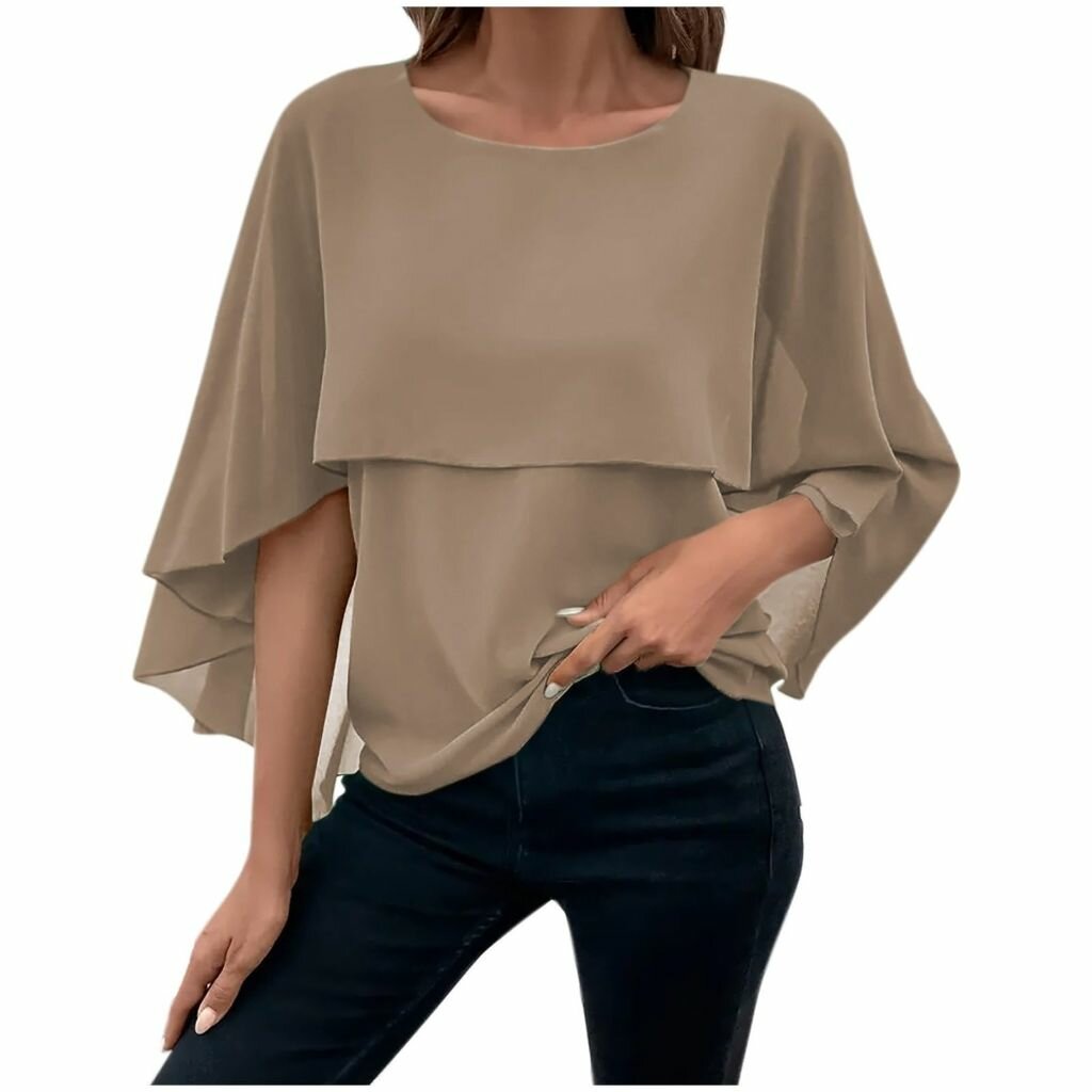 Женская шифоновая блузка с круглым вырезом и рукавами-кейпами верблюжий цвет размер L
