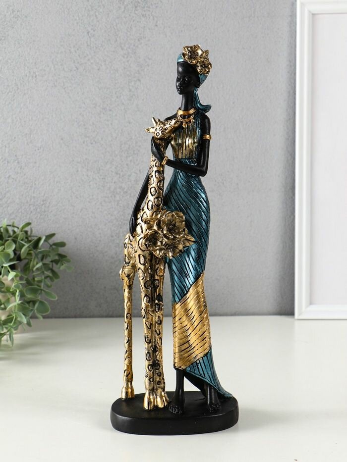 Фигура полистоун Африканка в платье с жирафом , бензиновый синий, 13 9.5 40 см