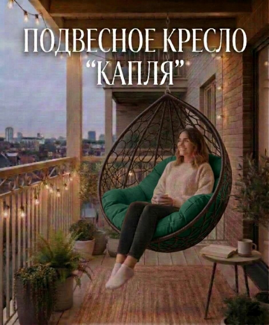 Подвесное кресло "Капля" без стойки, коричневое с зелёной подушкой, + цепь 2м