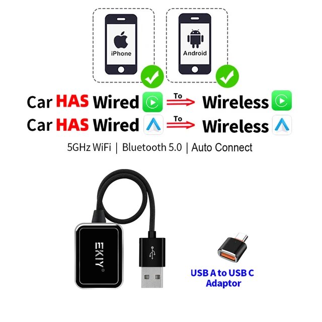 Адаптер EKIY CarPlay Android Auto A2A, проводной и беспроводной, совместим с автомобилями Audi, Toyota, Mazda, Nissan, Chevrolet, Suzuki, Subaru, Kia, Ford, Opel, Skoda и другими моделями.