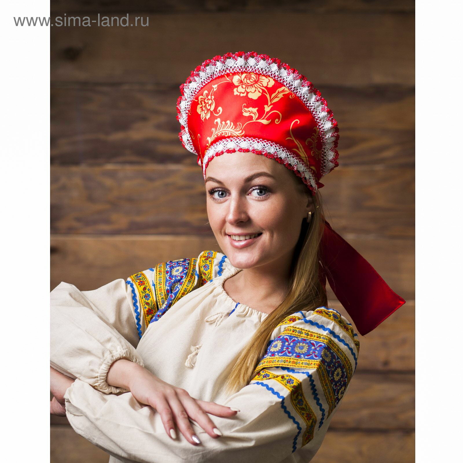 Кокошник "Красный с узором", атлас, завязка на бант, цвет: красный