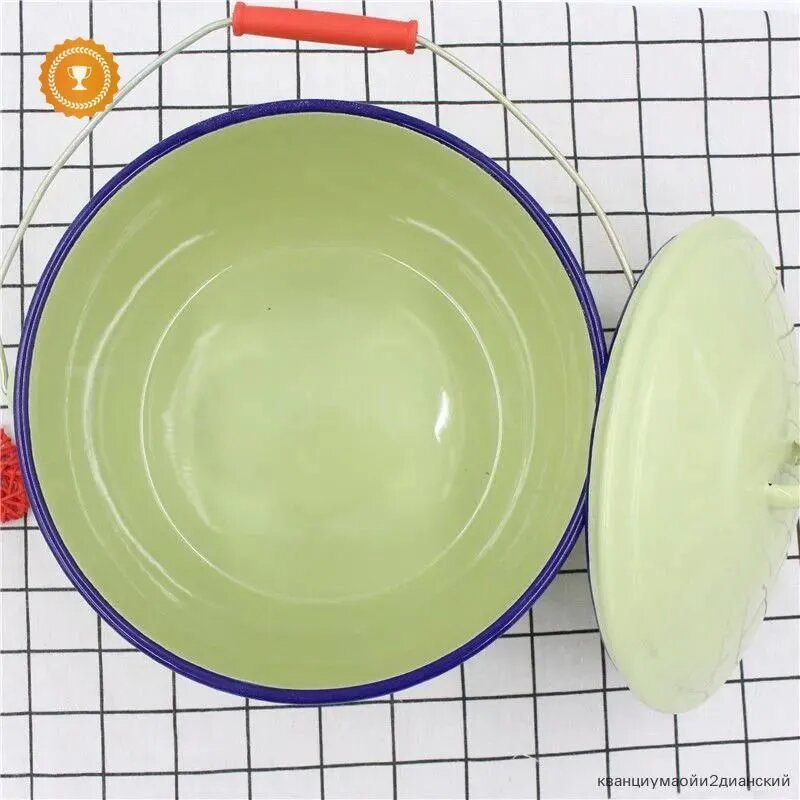Ведро пищевое эмалированное 10 л с крышкой и ручкой для хранения продуктов, зеленое — фото 1