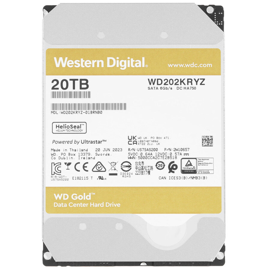 Жесткий диск WD Gold Enterprise SATA-III 20Tb WD202KRYZ 512Mb 7200 rpm 3.5"