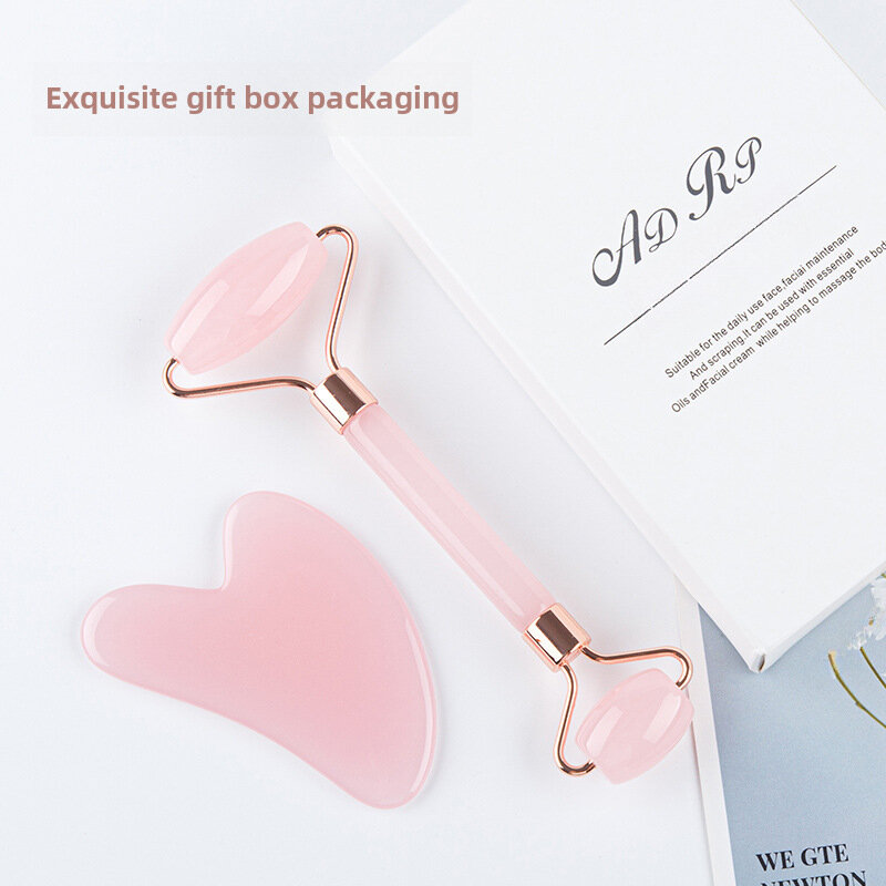 Массажная палочка для лица Crystal Jade Roller Beauty Massager, розовый, двойной ролик, пластина в форме сердца