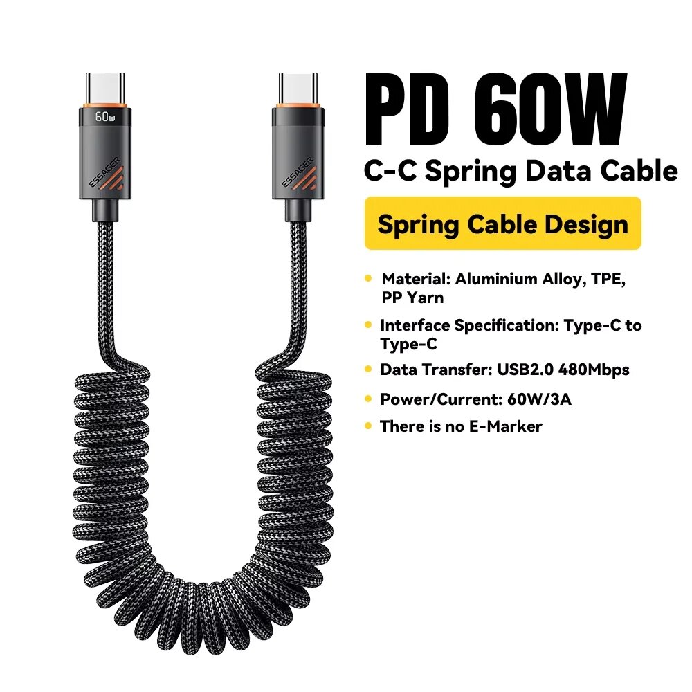 Пружинный кабель USB Type-C на Type-C 60W, 1.8м, черный