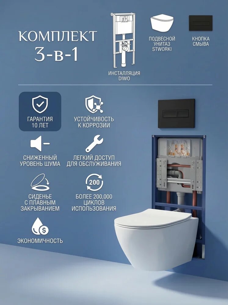 Инсталляция с унитазом комплект 3 в 1 Унитаз подвесной STWORKI Левангер S07401WH безободковый, смыв Торнадо, с микролифтом, антивсплеск / Инсталляция DIWO 4501 / Кнопка 7323 цвет матовый черный