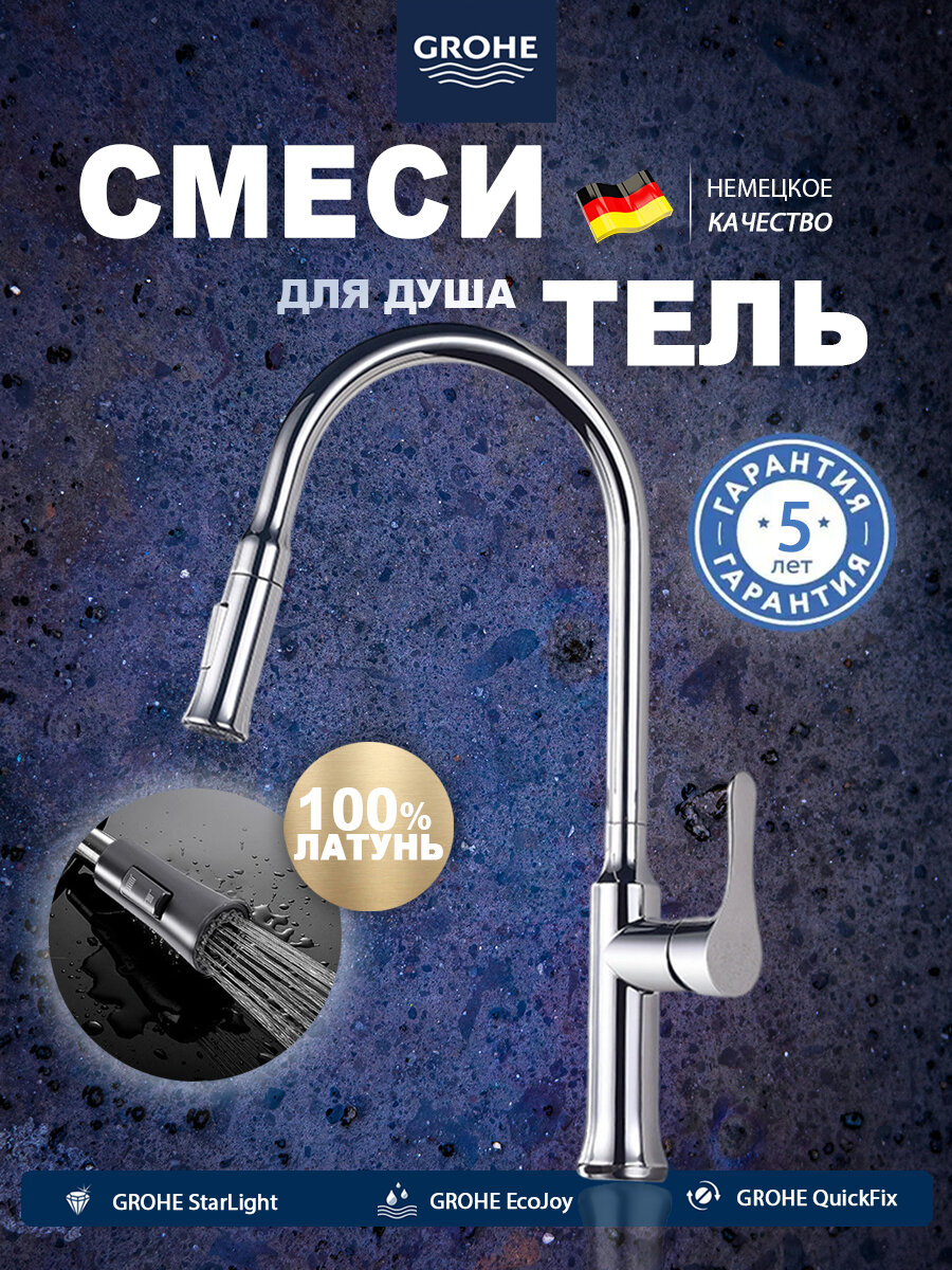 GROHE Смеситель для кухни с гибким выдвижным изливом, латунь, хром
