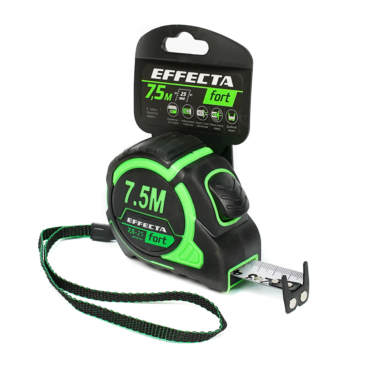 Рулетка "Effecta" Fort, с автостопом, магнитный зацеп, 7,5 м x 25 мм