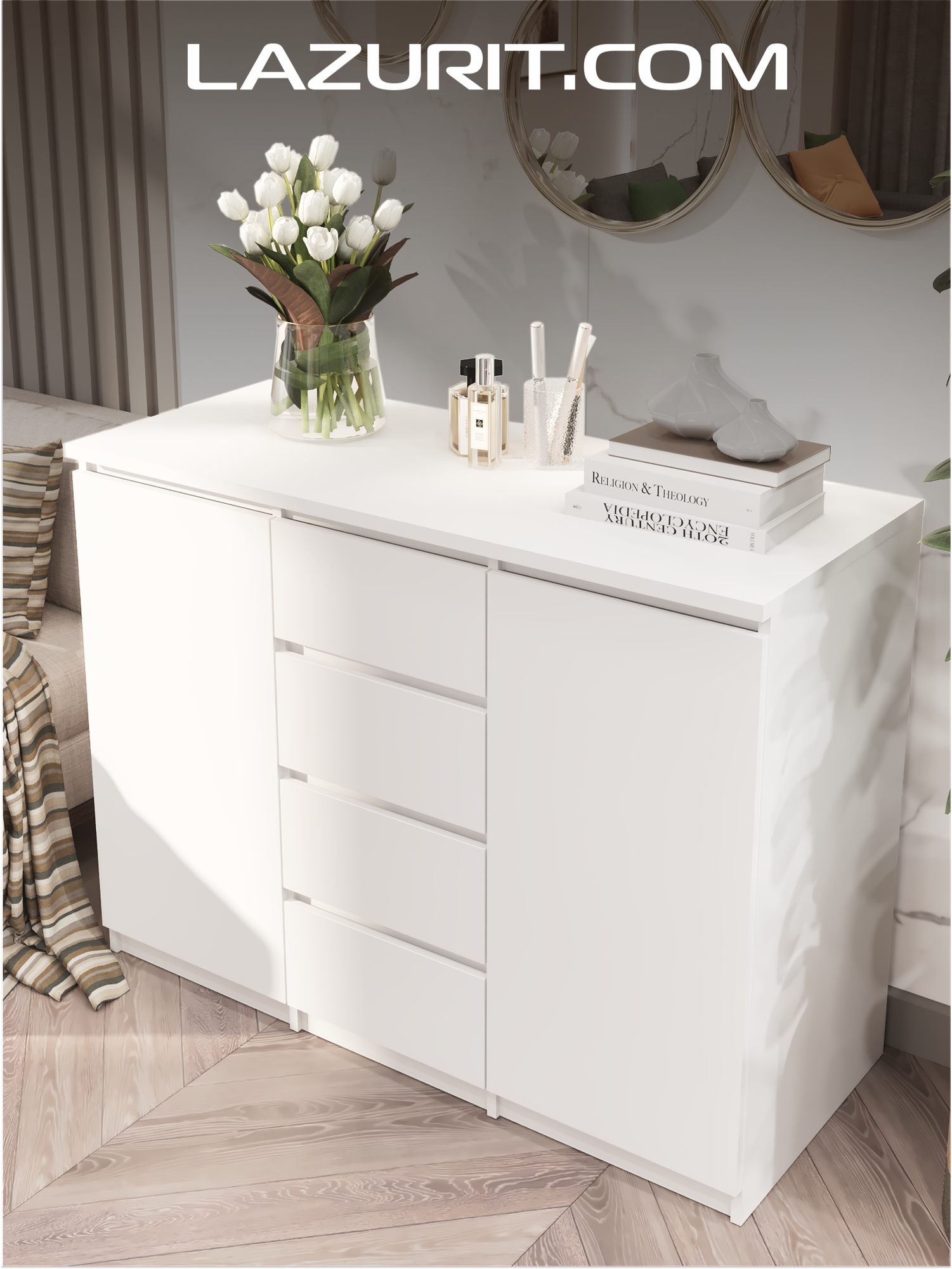 Комод для одежды большой Lazurit Sven с ящиками и полками белый в прихожую спальню высокий под телевизор 120,6х50,4х91,5