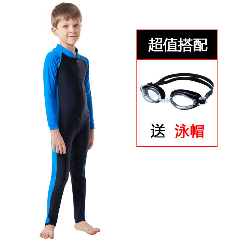 Детский костюм для плавания с защитой от солнца, шапочкой и очками, черно-синий, сухой, размер 5XL для девочек