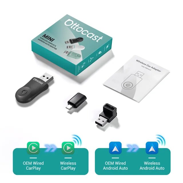 Автомобильный адаптер OTTOCAST MINI 2-в-1 с проводным подключением к беспроводной сети CarPlay и Android (USB-адаптер Wi-Fi), совместимый с автомобилями Volkswagen, Mercedes-Benz, Audi, Kia и Toyota.
