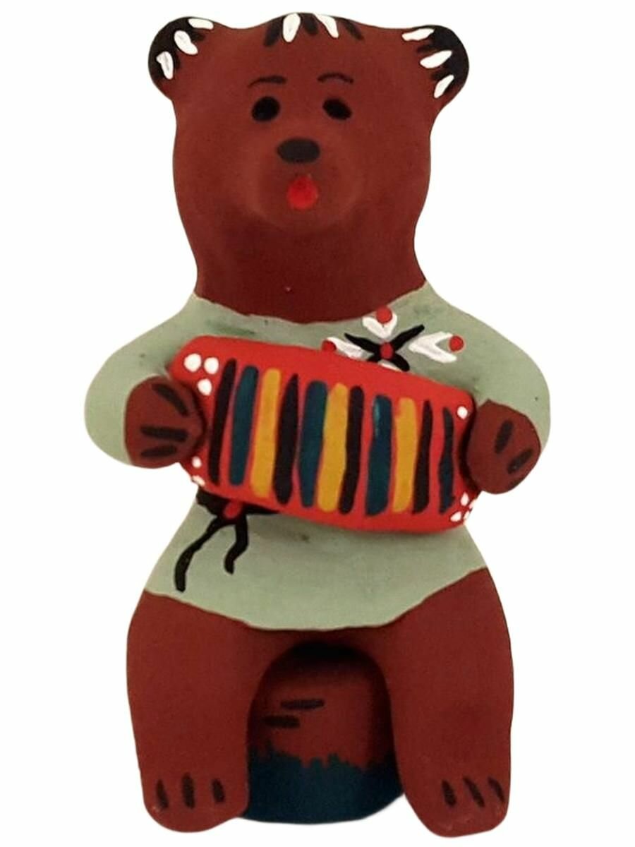 Медведь с гармошкой на пеньке, Каргопольская глиняная игрушка, ручная авторская работа