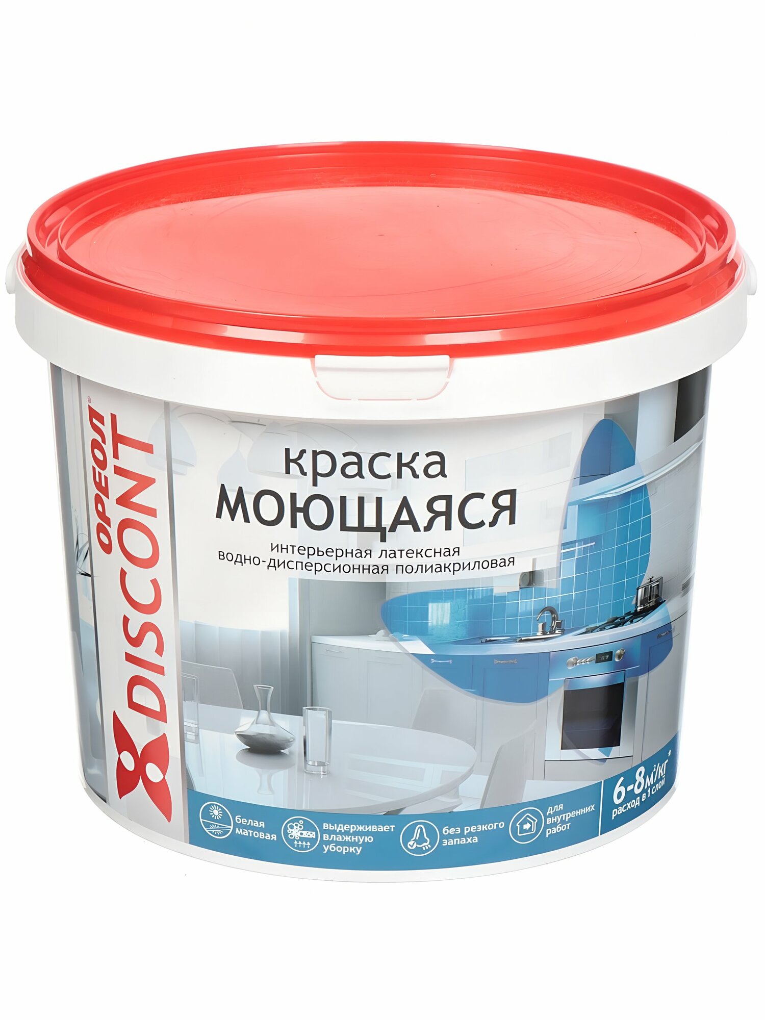 Краска воднодисперсионная, Ореол, Дисконт, полиакриловая, универсальная, моющаяся, влагостойкая, матовая, белая, 1.5 кг