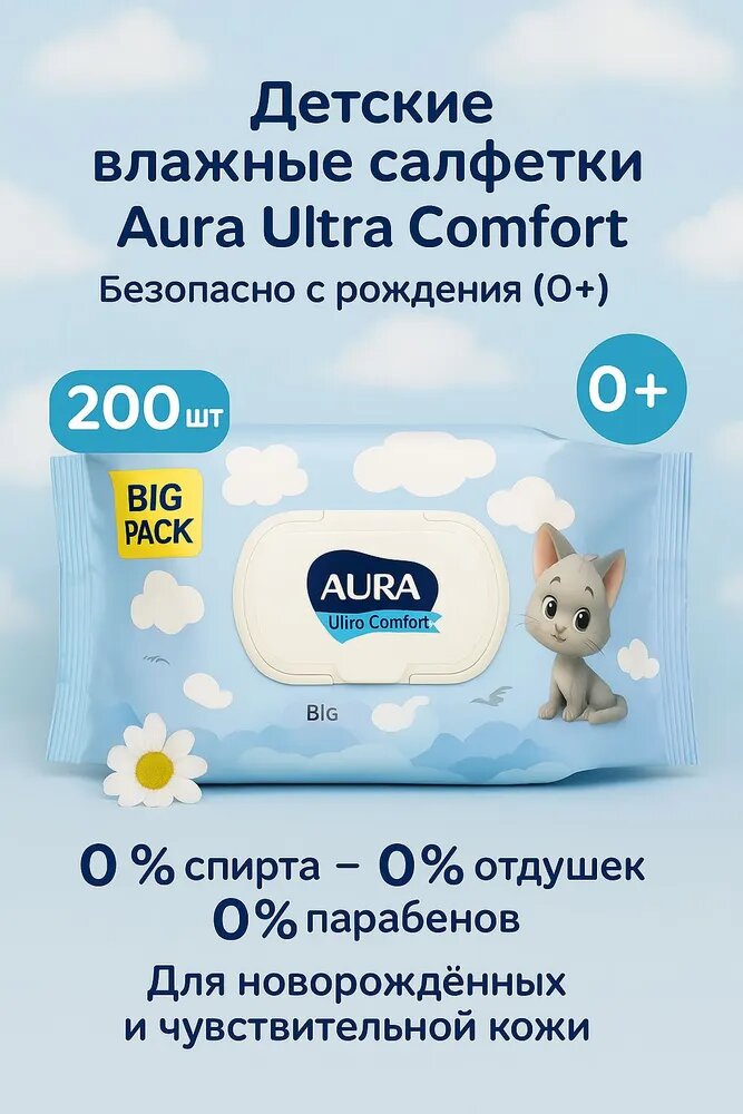 Детские влажные салфетки 200 шт, 0+, без спирта и отдушек, плотные и мягкие, с клапаном