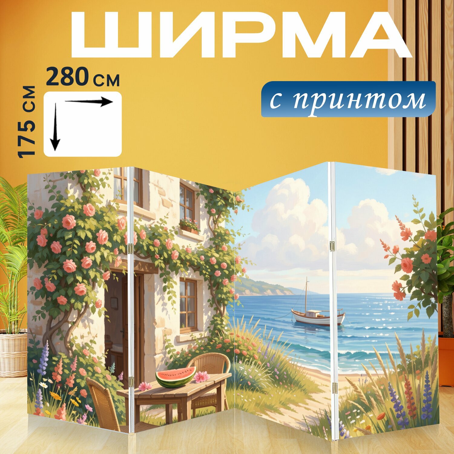 Ширма "Цветущий дом у моря. Уютный прибрежный дом с вьющимися розами, терраса с плетёной мебелью и арбузом." перегородка для зонирования комнаты с принтом 280x175 см. на холсте