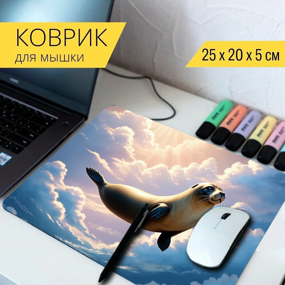 Коврик для мыши с принтом "Тюлень в облаках: фантастическое изображение тюленя, плавающего среди облаков, под мягкими лучами солнечного света. используйте стиль." 25x20см.