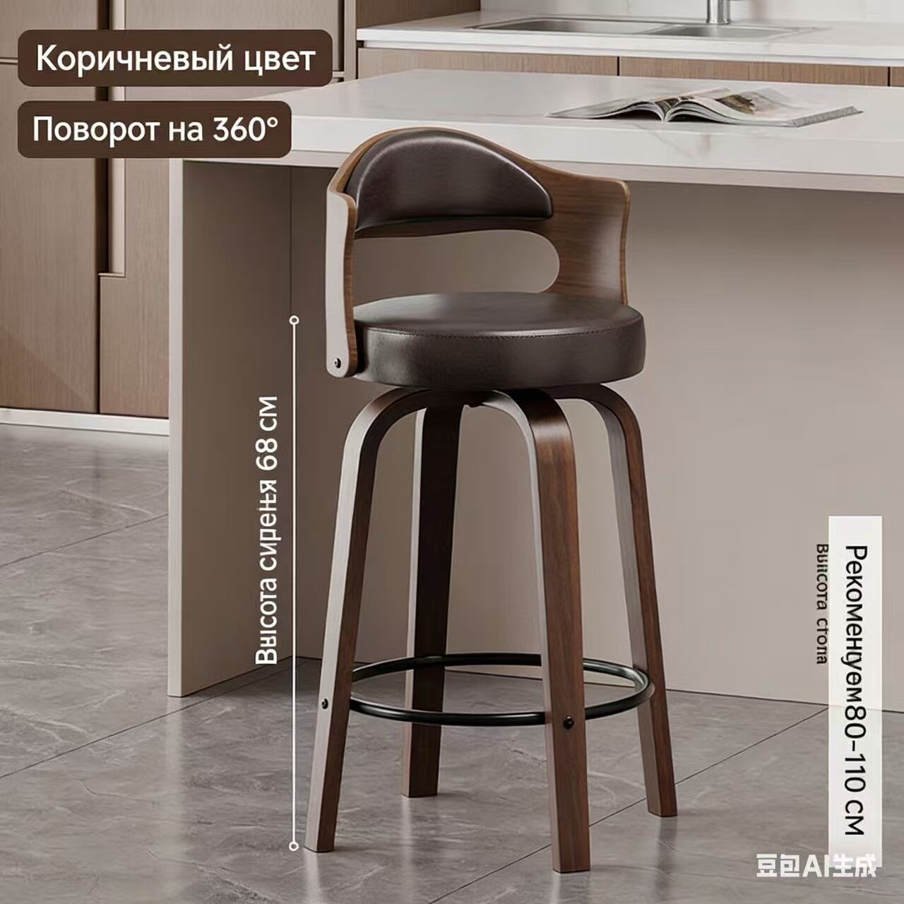 Барный стул, вращающаяся спинка, стул на высоких ножках из массива бука, черный, вращающийся на 360 градусов
