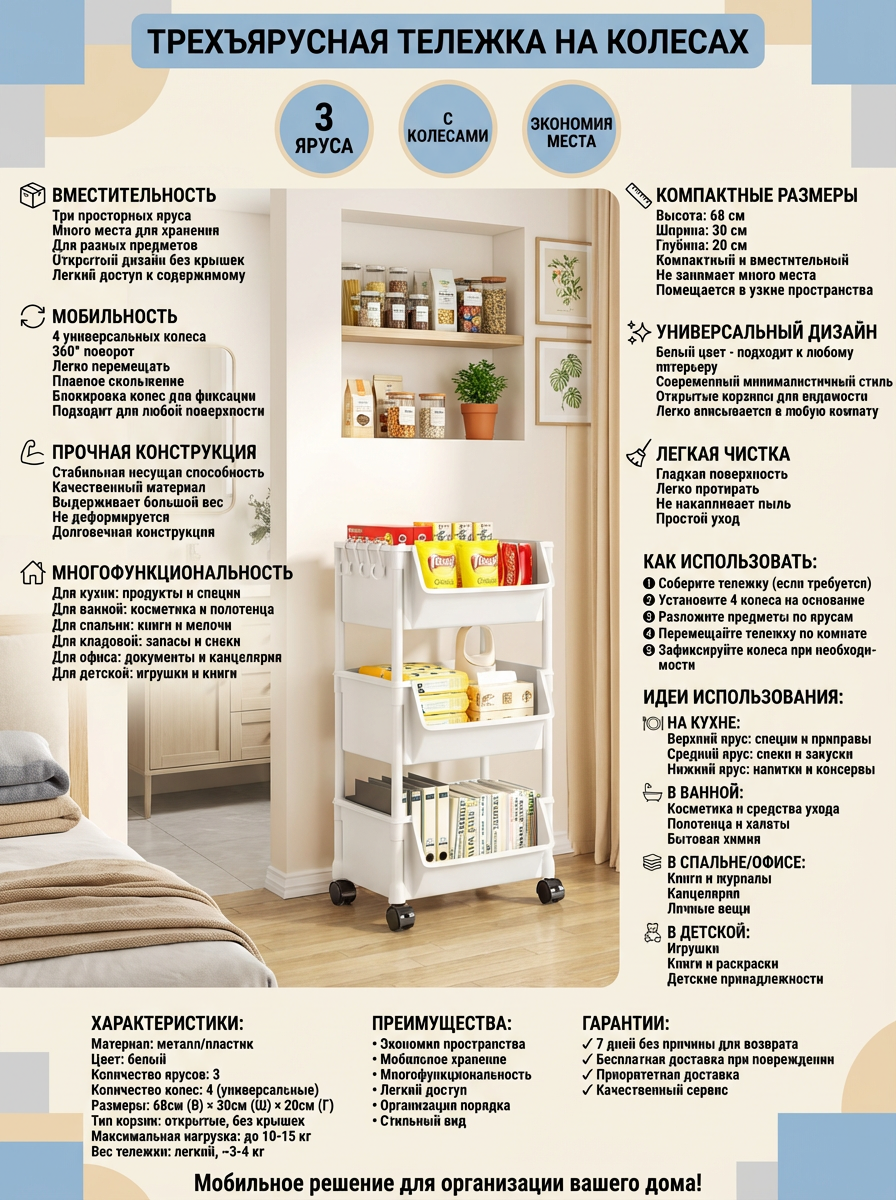 Этажерка, этажерка напольная，белая, на колесиках, 3 секции, ABS-пластик, 30 см x 20см x 68 см