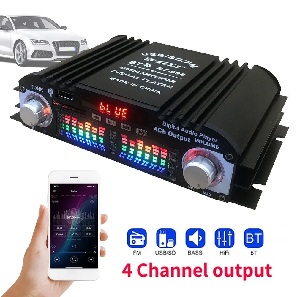 Четырёхканальный автомобильный усилитель мощности с Bluetooth, FM-радио, USB и слотом для карты