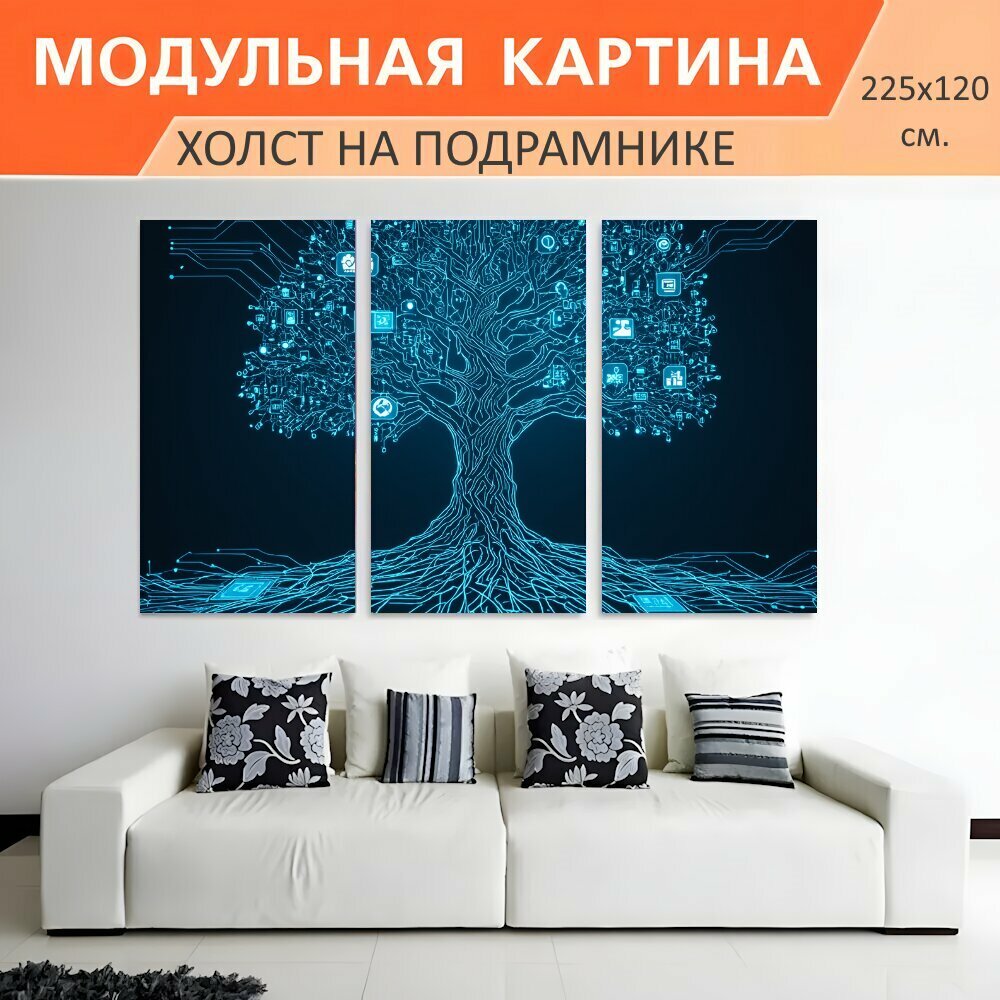 Модульная картина на холсте "Футуристическое представление дерева с стволом и ветвями, которые переплетены с проводами и микросхемами" триптих на подрамнике 225х120 см. для интерьера