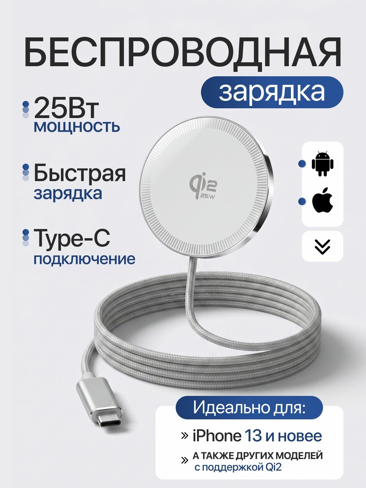 Беспроводная быстрая MagSafe зарядка для iphone QI2 25W белая