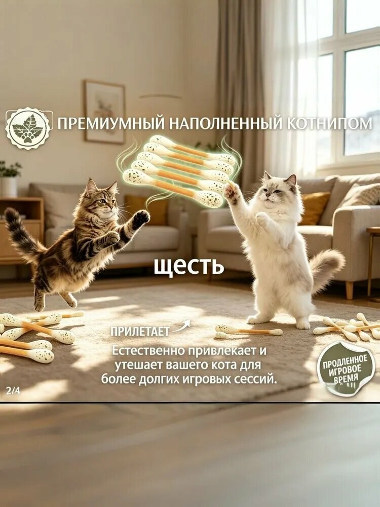 Игрушки для кошек с кошачьей мятой в виде гигантских ватных палочек, 6 шт.