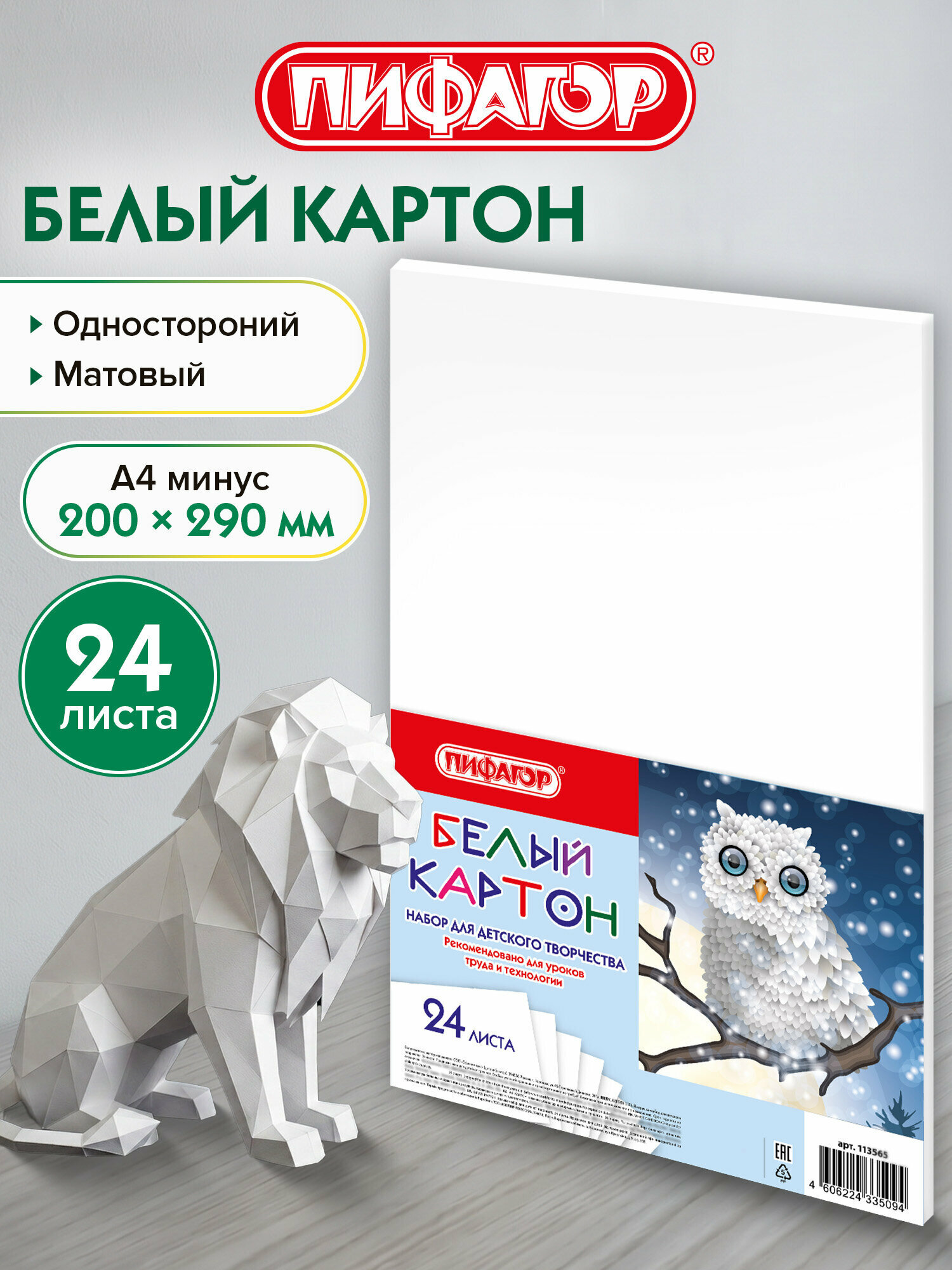 Картон белый А4 немелованный (матовый), 24 листа, Пифагор, 200х290 мм, Совушка, 113565
