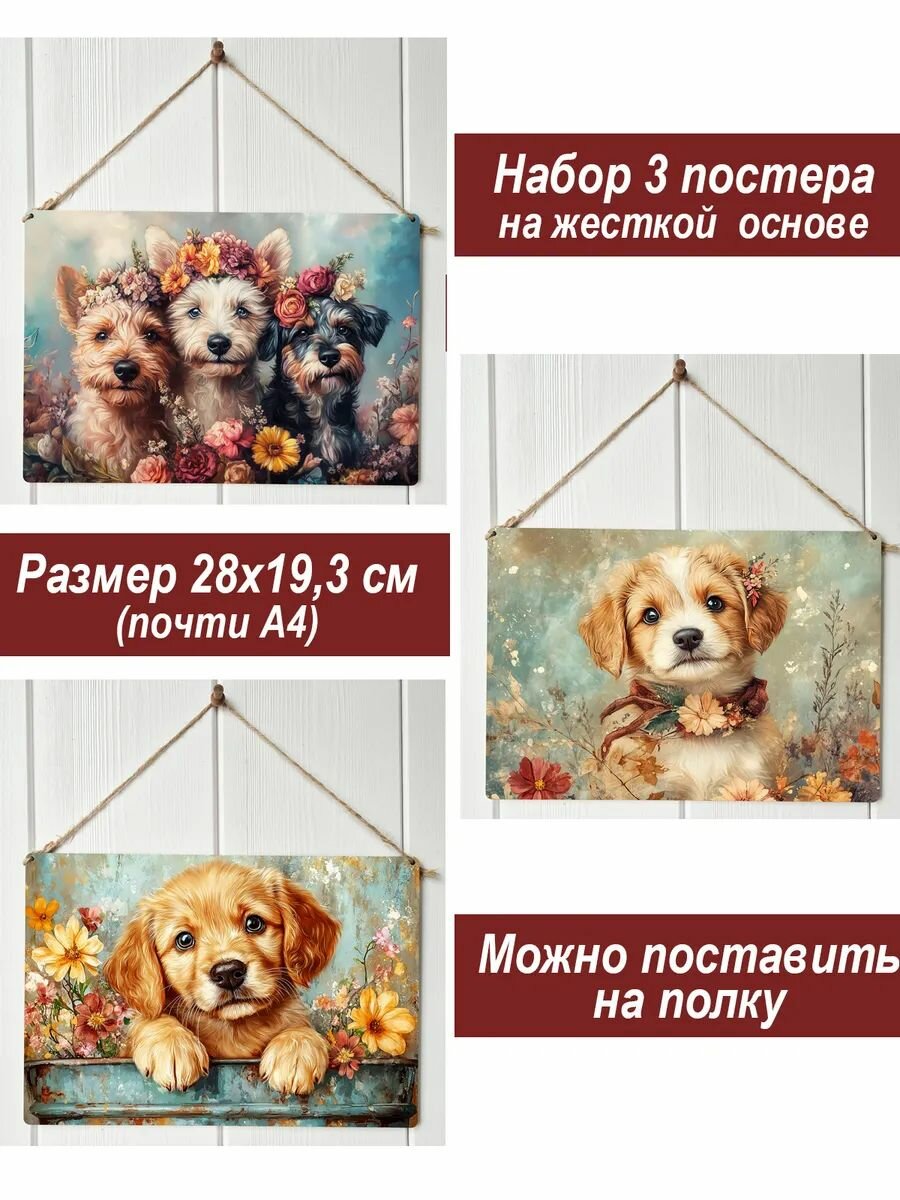 Картина интерьерная на стену, постер на жесткой основе 3 штуки Забавные щенки