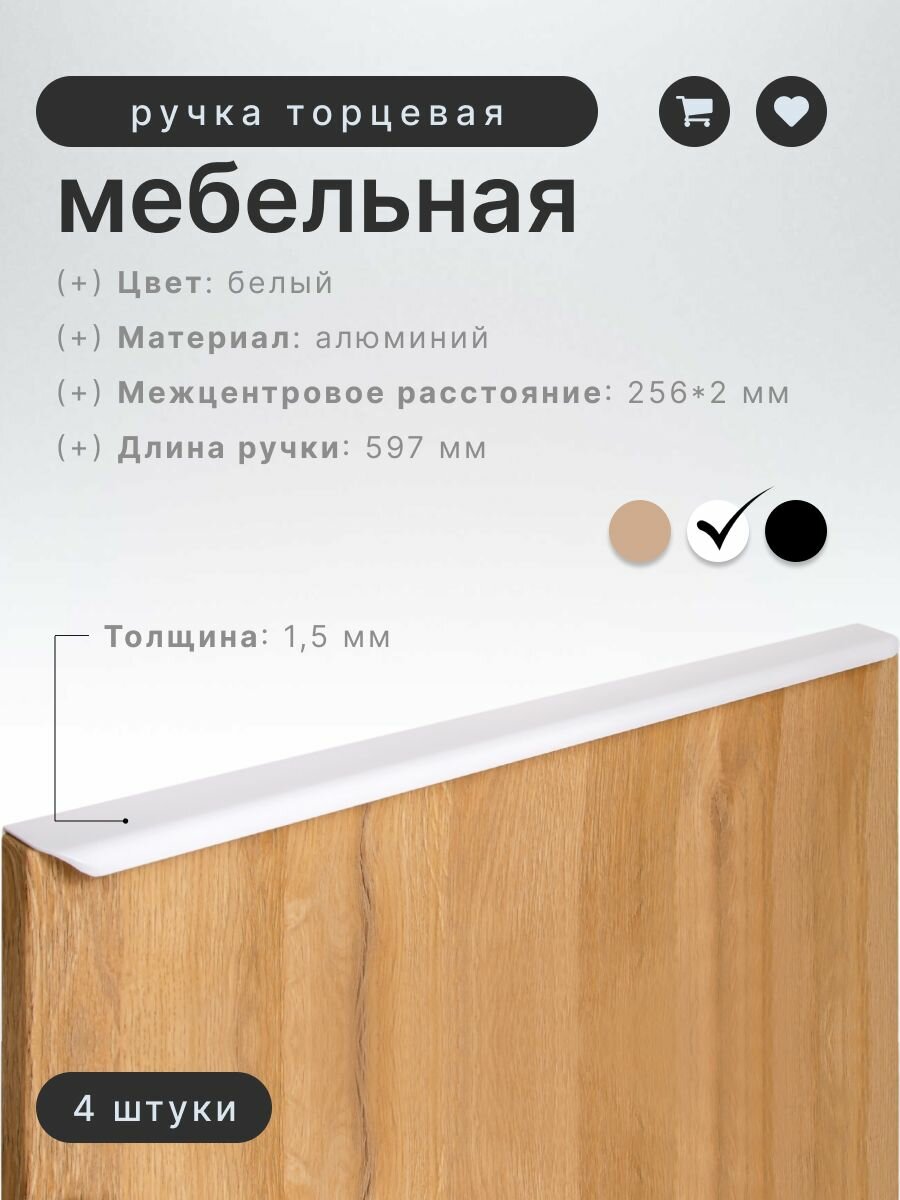 Ручка торцевая IN.01.1142.512/597 WTA белый, комплект 4 шт, ручка для шкафов и комодов, для кухонного гарнитура, для мебели