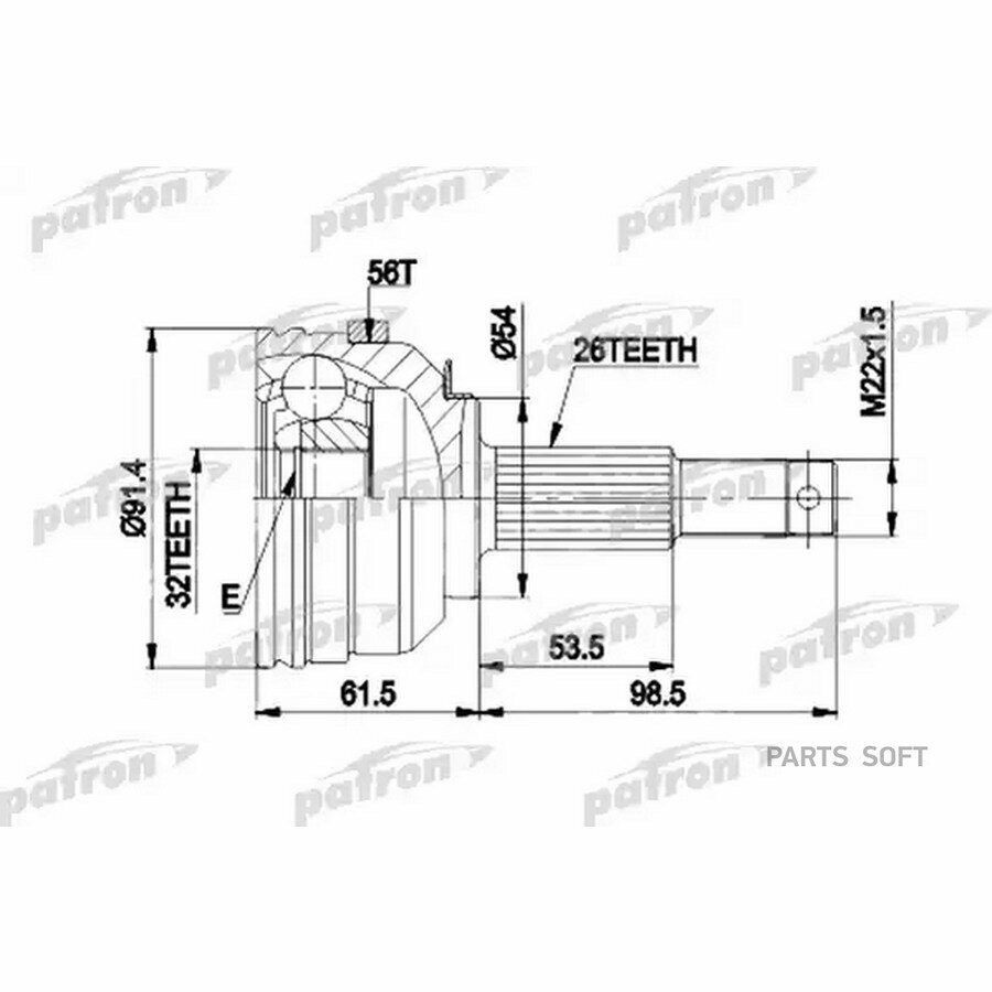ШРУС наружн к-кт 26x54.1x32 ABS:56T CHRYSLER: CIRRUS, SEBRING 95-99, DODGE: STRATUS 95-99, PLYMOUTH: BREEZE 95-99 - С ABS от официального дистрибьютора, PATRON, артикул PCV9529