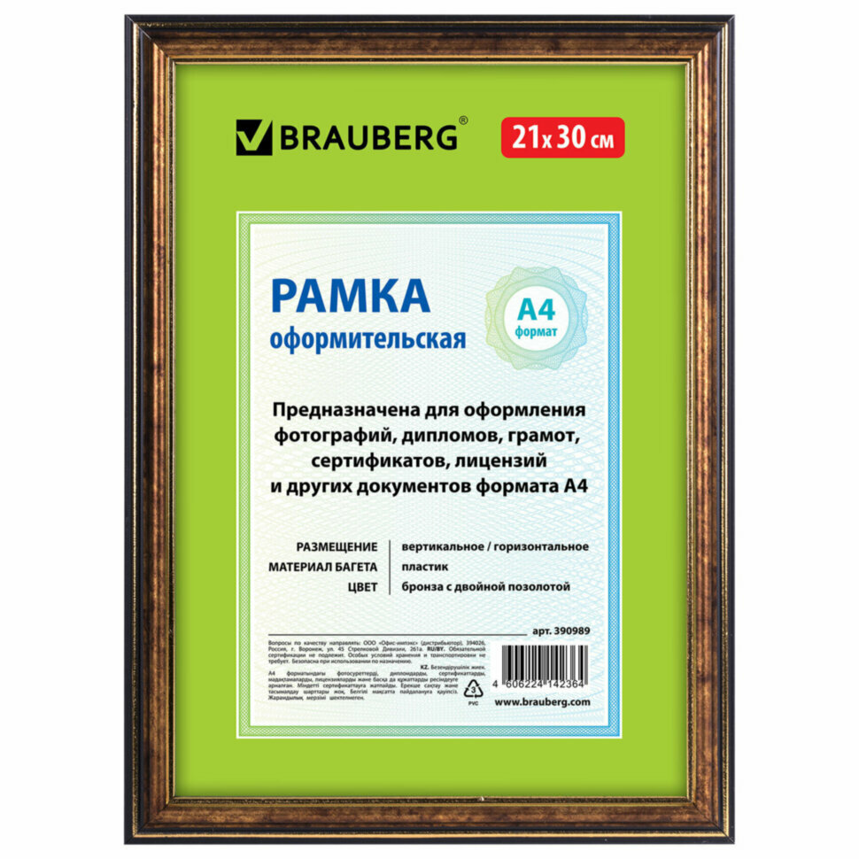 Рамка 21х30 см небьющаяся, пластик, багет 20 мм, BRAUBERG "HIT3", бронза с двойной позолотой, 390989, 390989