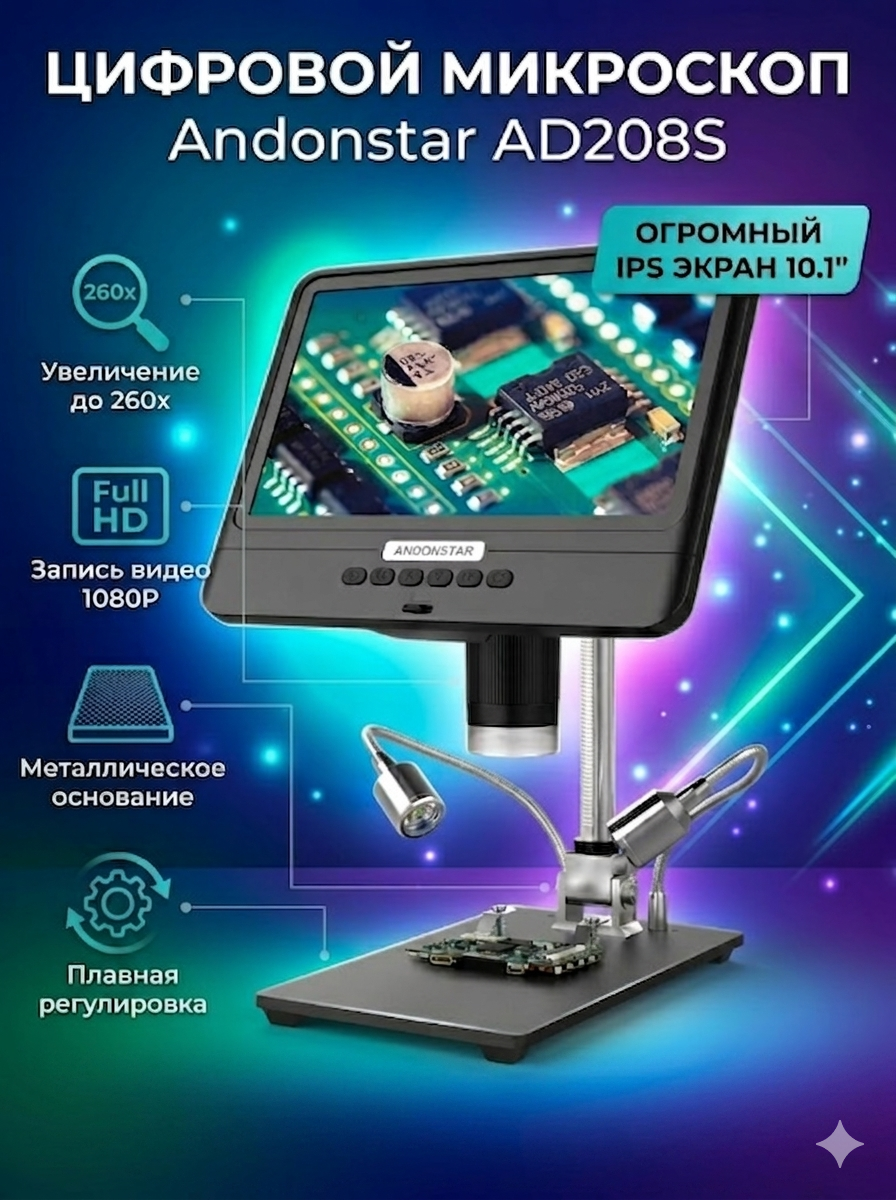 Цифровой микроскоп AD208S Andonstar, с подсветкой, поворотный, металлический корпус, черный