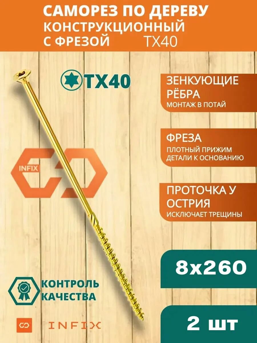 Саморезы по дереву с фрезой 8х260 желтый цинк TX40 (2 шт)