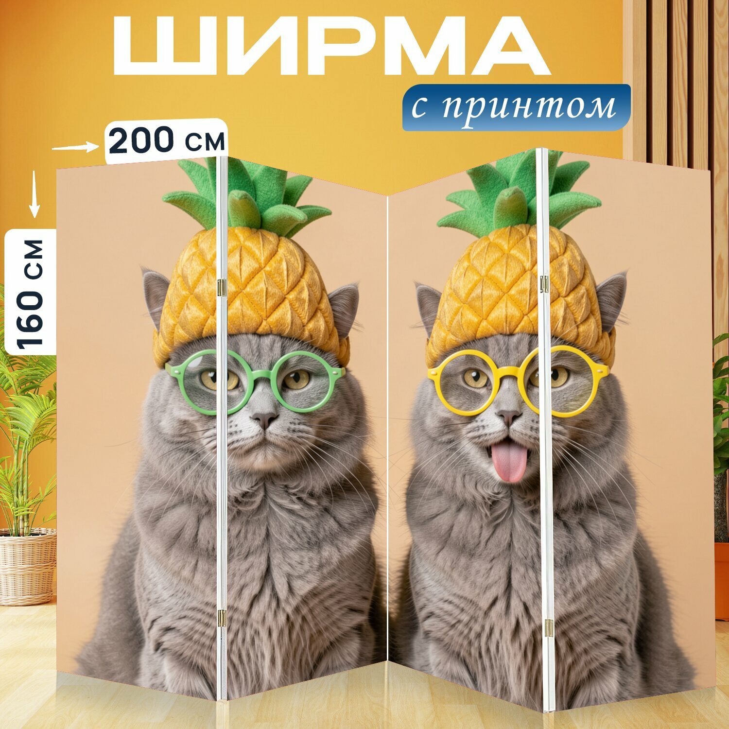 Ширма "Пара котов в экзотических шапках. Два серых пушистых питомца в забавных фруктовых головных уборах и." перегородка для зонирования комнаты с принтом 200x160 см. на холсте