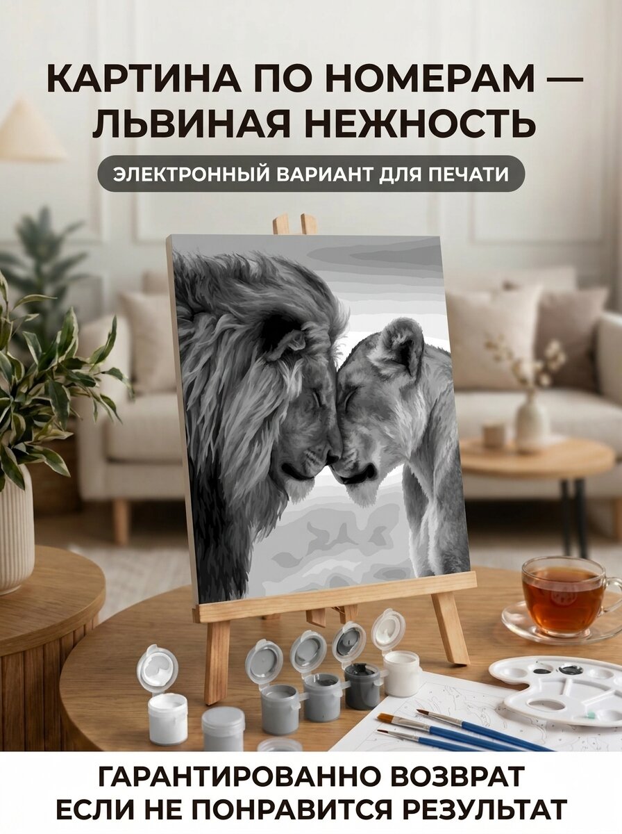 Картина по номерам "Львиная нежность", на холсте, PDF-инструкция